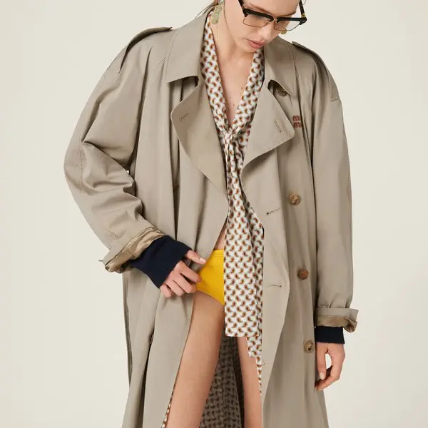 Miu Miu Double-Breasted Panama Cotton Trench Coat - Clay Grey